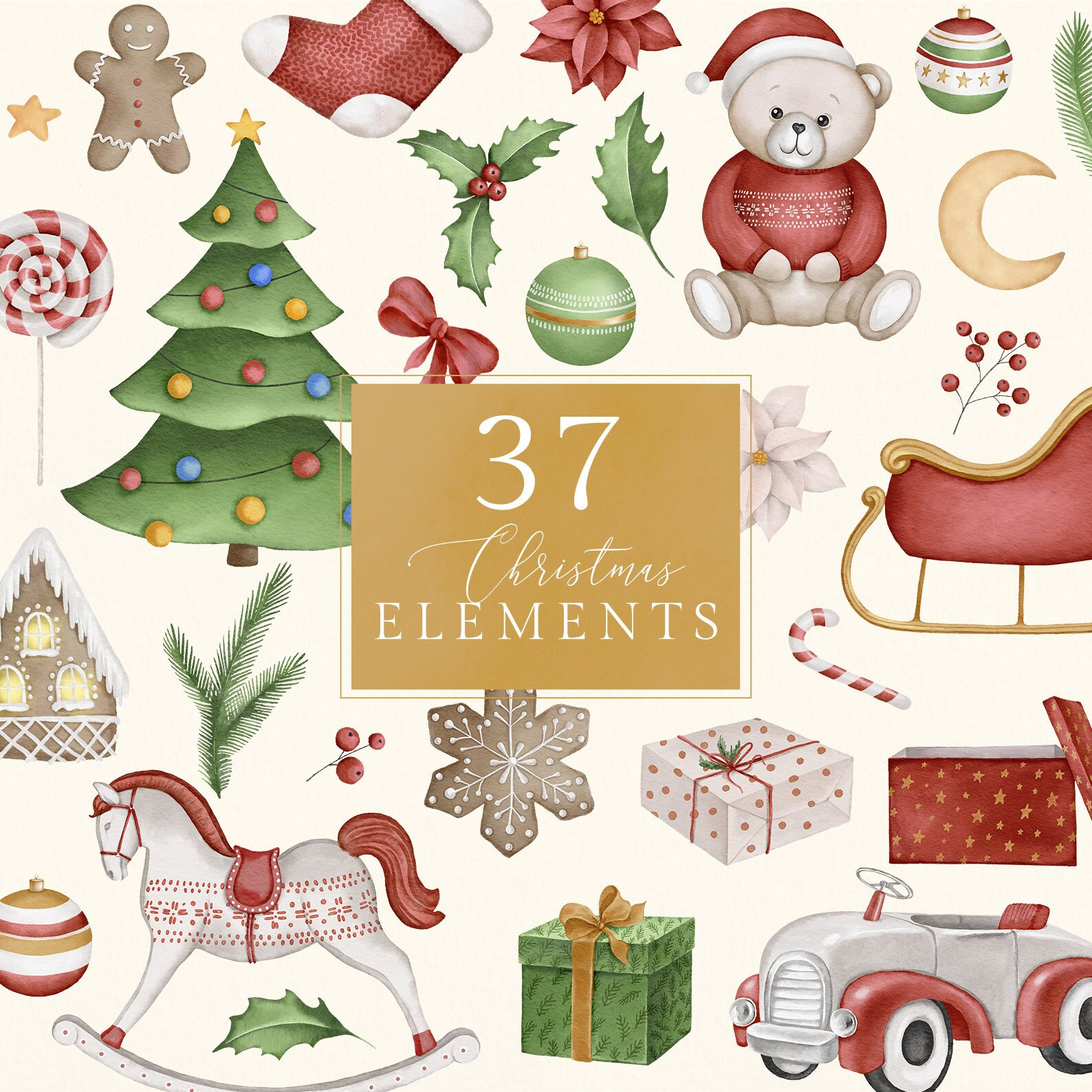 Watercolor Christmas Elements Clipart PNG Gingerbread Man - Etsy