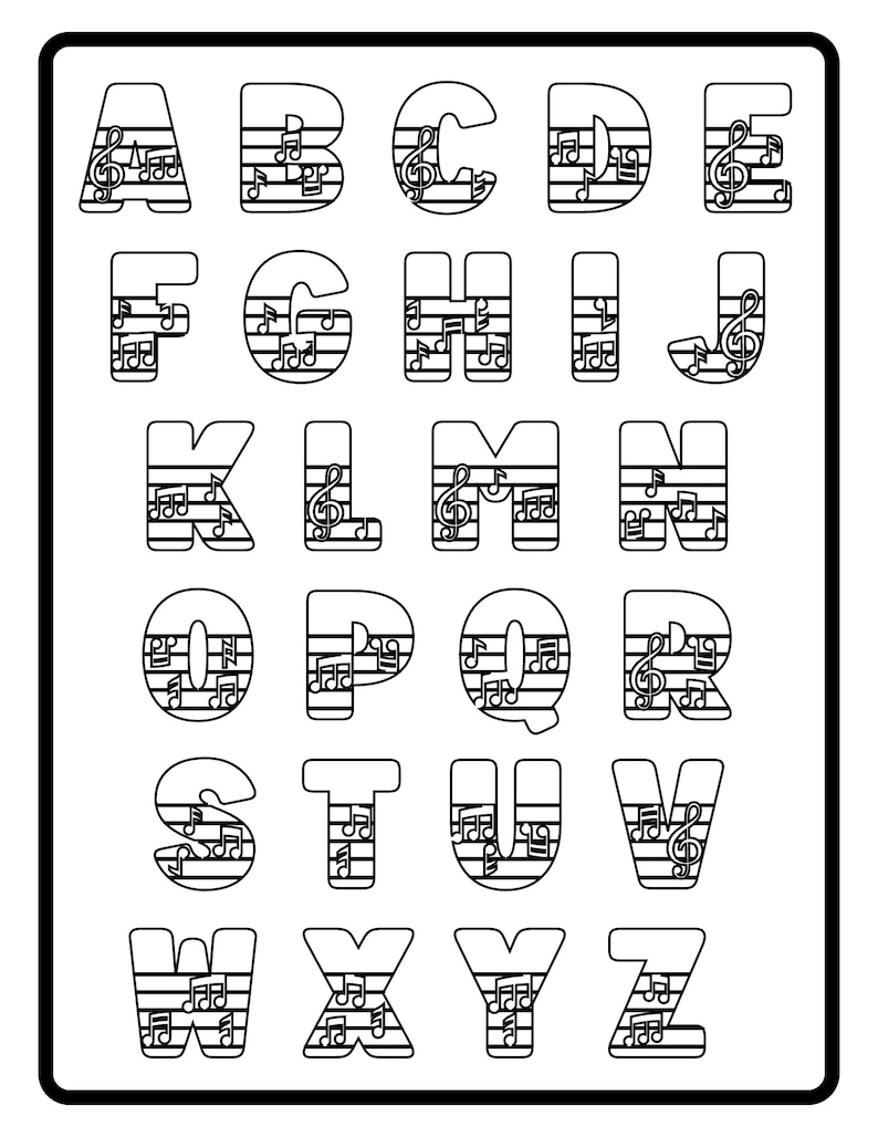 Music Alphabet Coloring Pages | Kids Printable Font (PDF) - Etsy