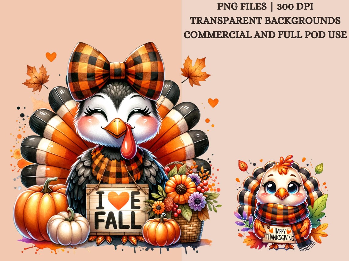 10 PNG Files Cute Turkey Clip Art Baby Turkey Thanksgiving Clipart Fall ...