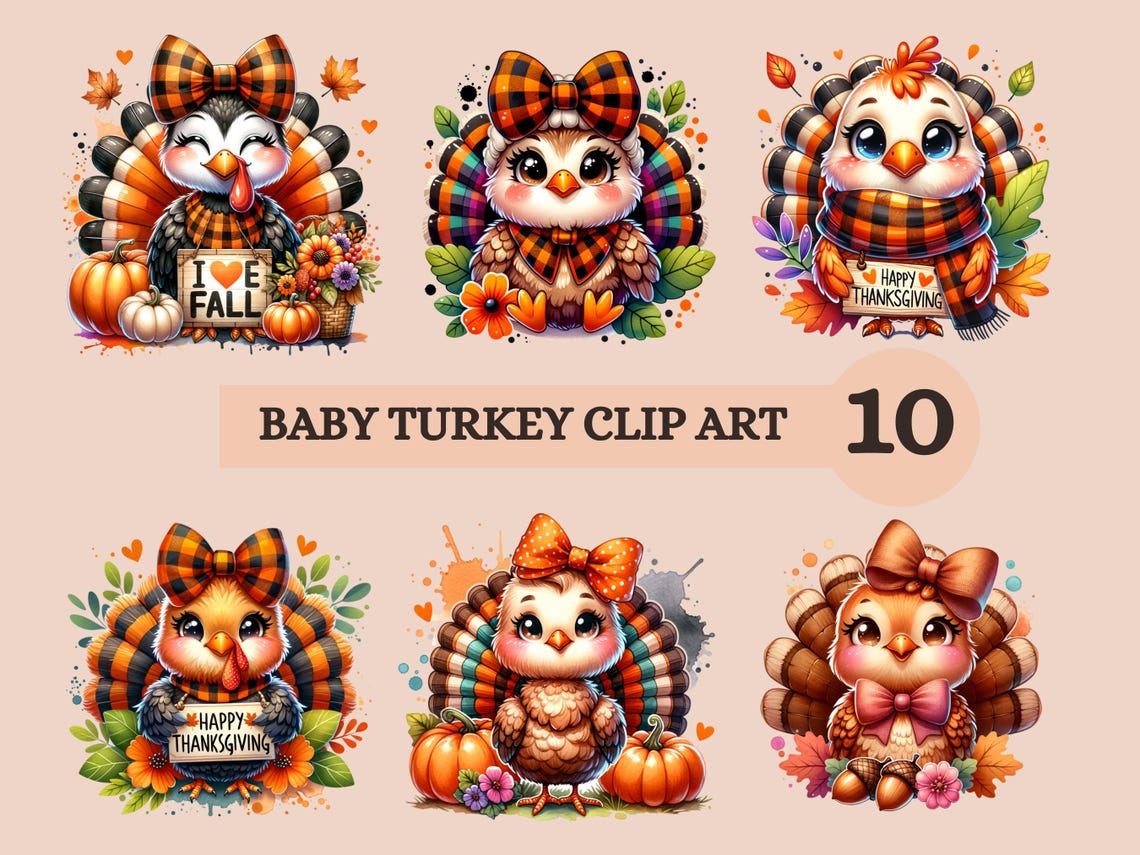 10 PNG Files Cute Turkey Clip Art Baby Turkey Thanksgiving Clipart Fall ...