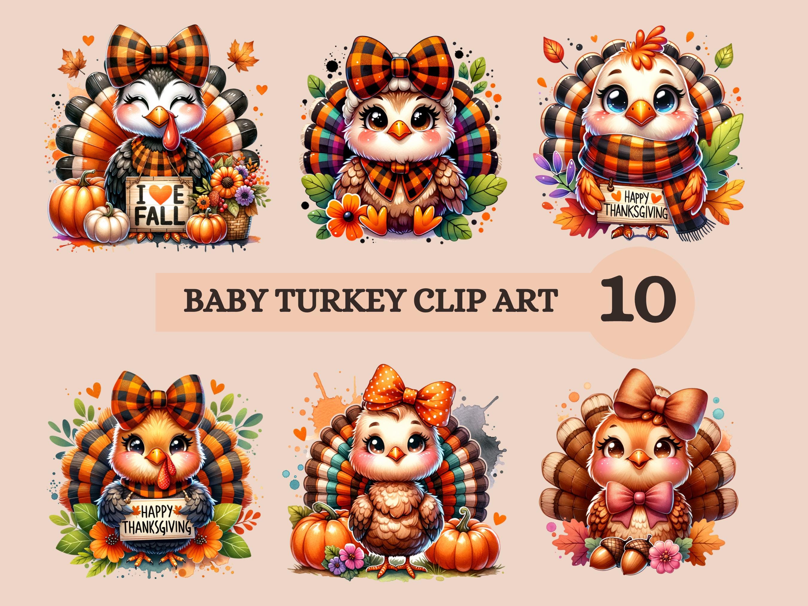10 PNG Files Cute Turkey Clip Art Baby Turkey Thanksgiving Clipart Fall ...