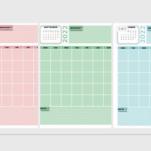 September 2022 Calendar, Digital Download, 6 Colours, September 2022 ...