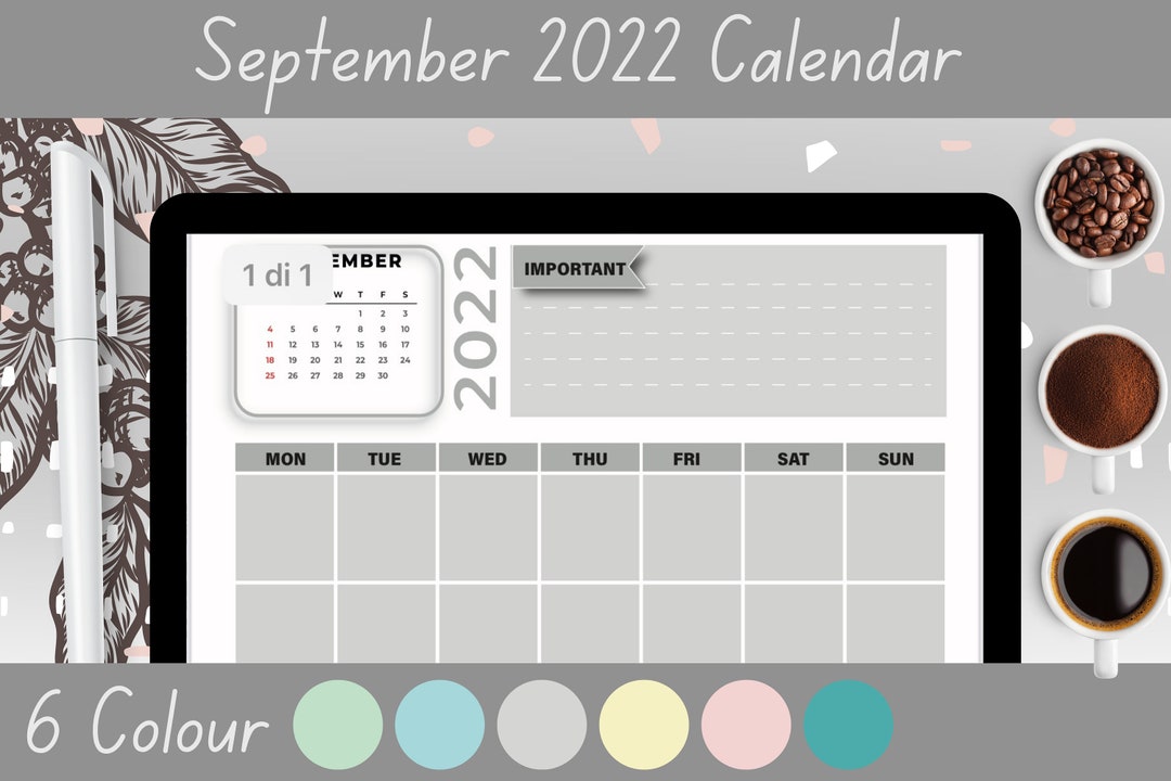 September 2022 Calendar, Digital Download, 6 Colours, September 2022 ...