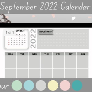 September 2022 Calendar, Digital Download, 6 Colours, September 2022 ...