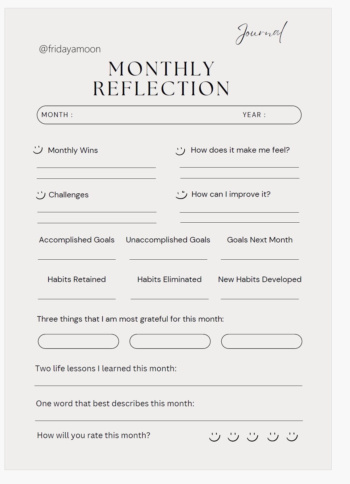 Monthly Journal Printable Monthly Reflection Month in Review Gratitude ...