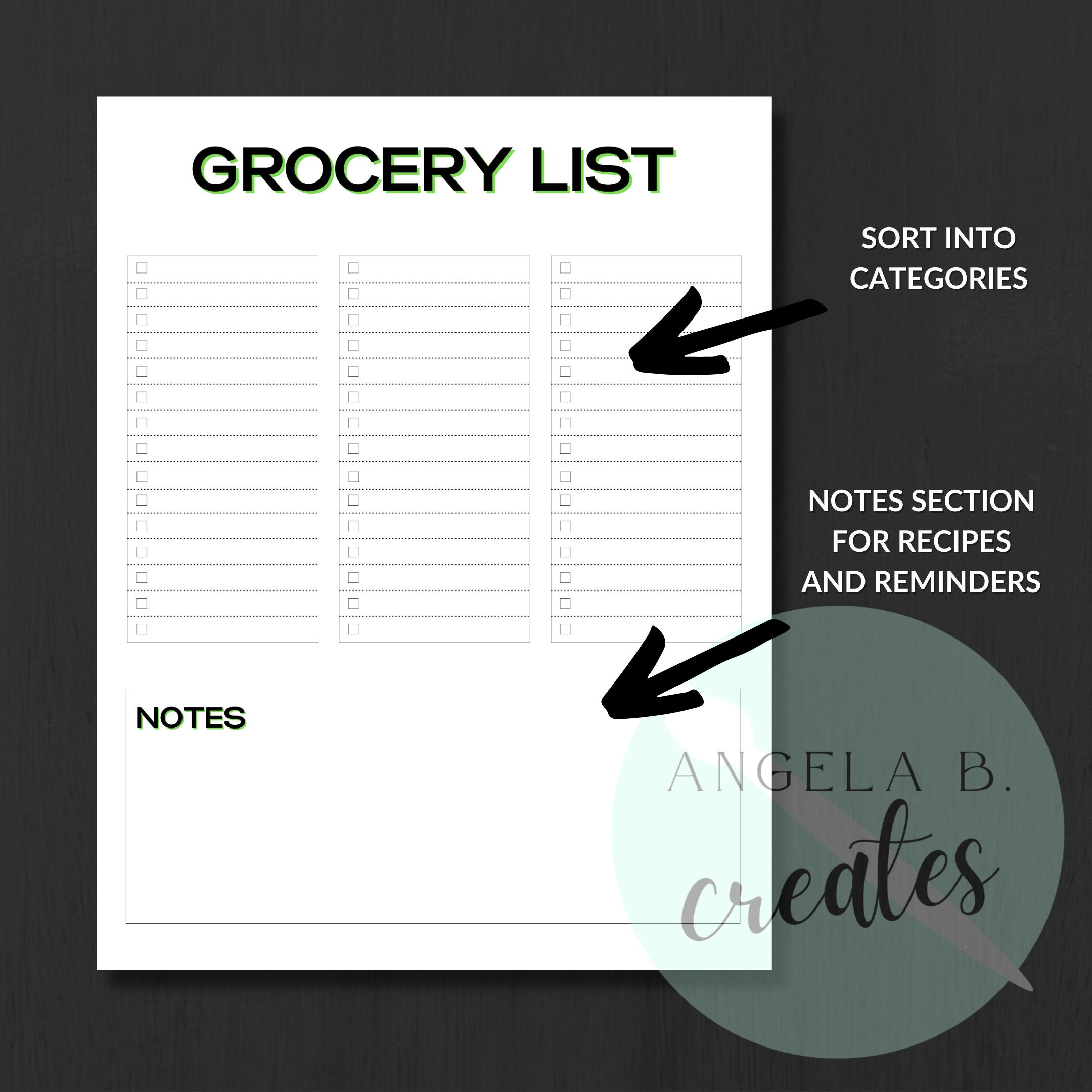 Printable Grocery List With Notes Set of 7, Shopping List, Weekly Meal ...