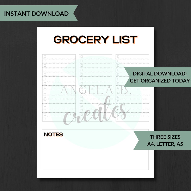 Printable Grocery List With Notes Set of 7, Shopping List, Weekly Meal ...