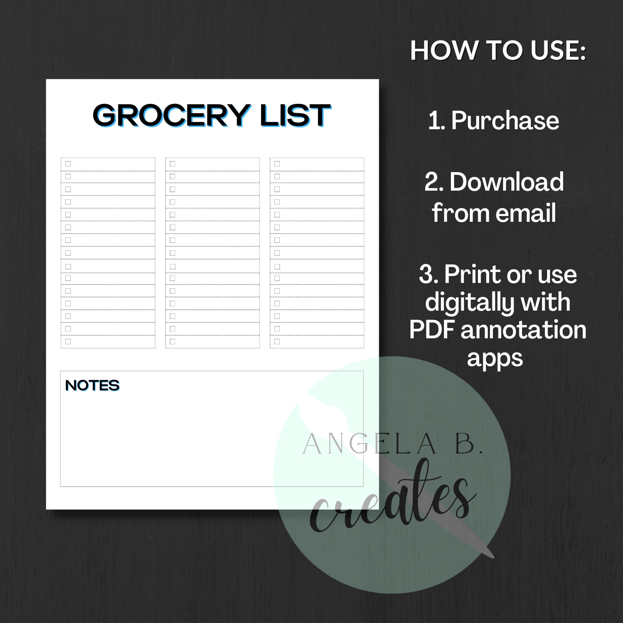 Printable Grocery List With Notes Set of 7, Shopping List, Weekly Meal ...