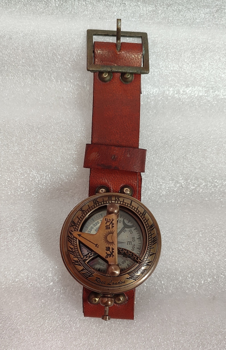 Maritime Brass Sundial Compass Leather Wrist Watch Nautical Collectible ...