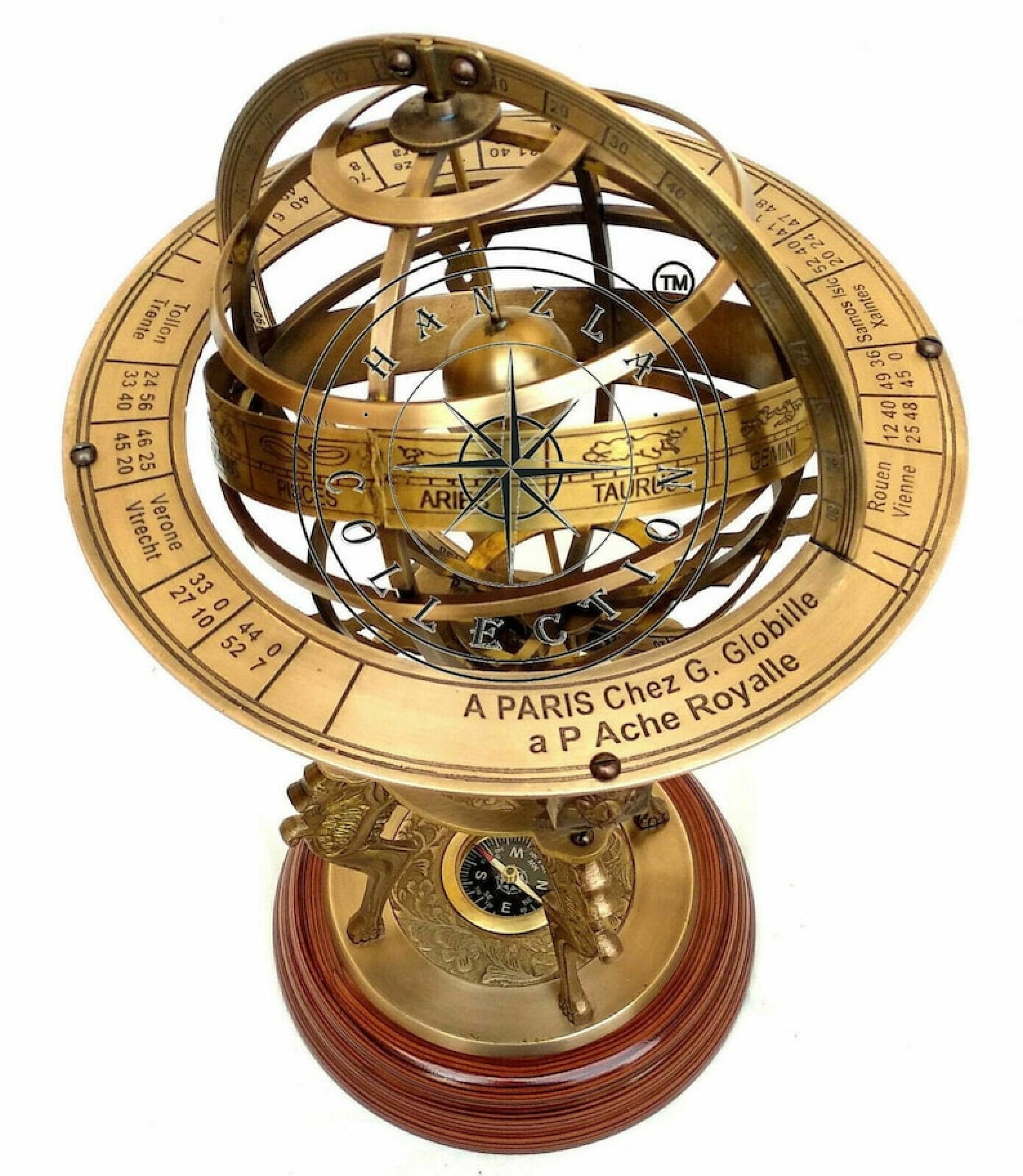Antique Brass 18 Armillary Globe Sphere Engraved With Compass on Wooden ...