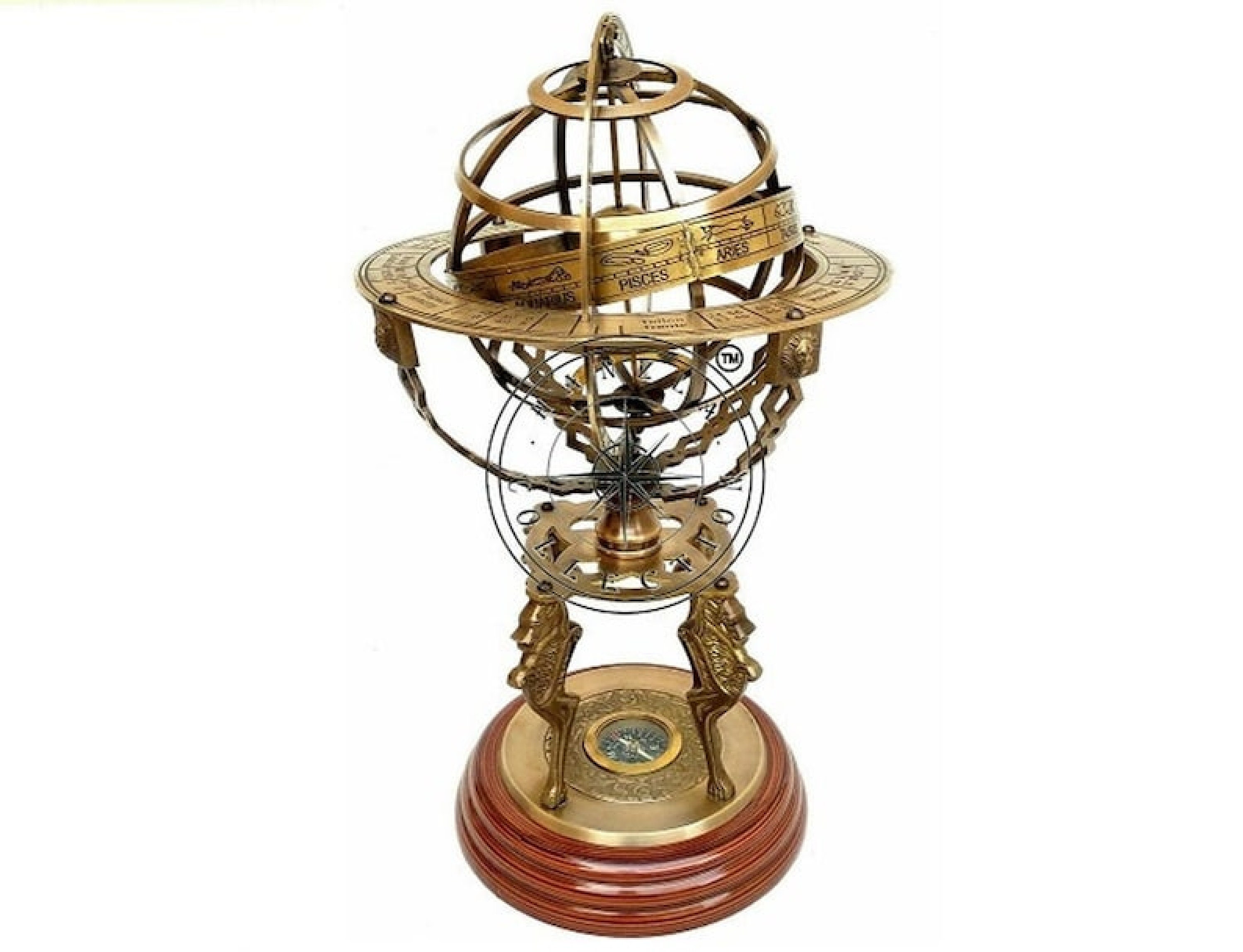 Antique Brass 18 Armillary Globe Sphere Engraved With Compass on Wooden ...