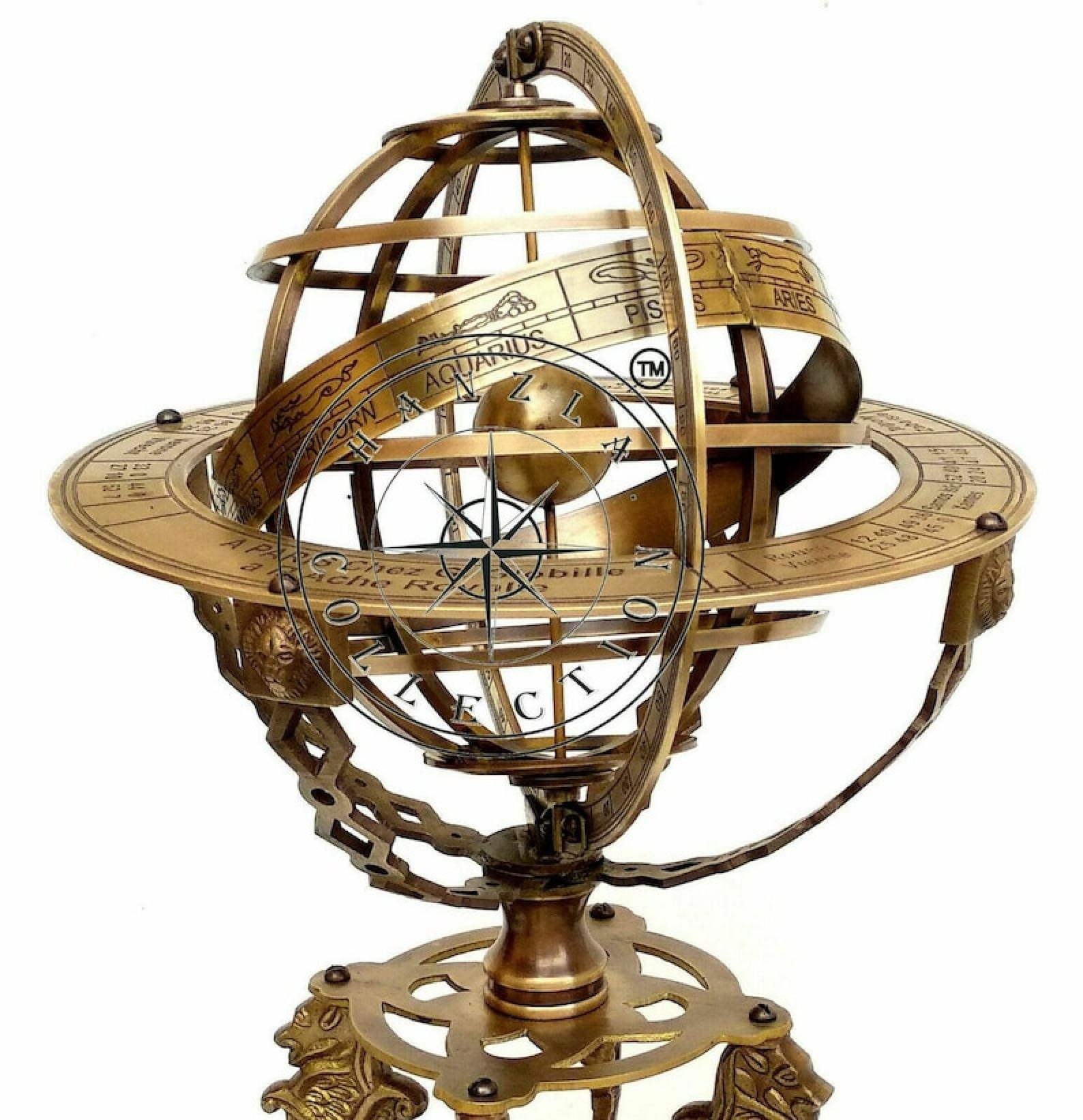 Antique Brass 18 Armillary Globe Sphere Engraved With Compass on Wooden ...