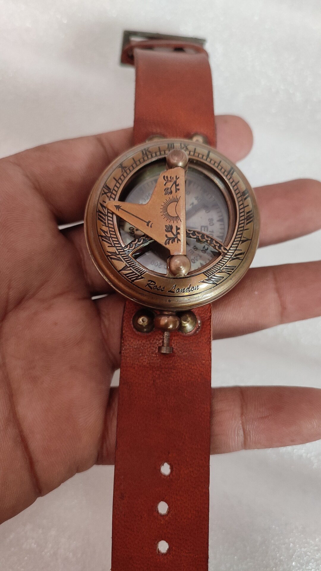 Maritime Brass Sundial Compass Leather Wrist Watch Nautical Collectible ...