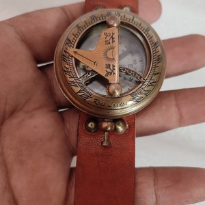 Maritime Brass Sundial Compass Leather Wrist Watch Nautical Collectible ...