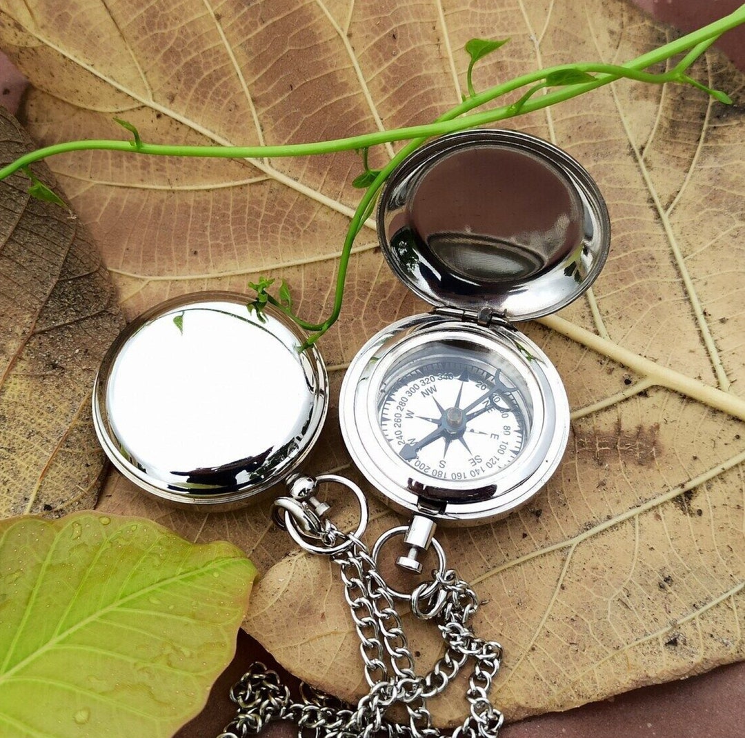 Nautical Brass Push Button Compass Vintage Chrome Finish With Wooden ...