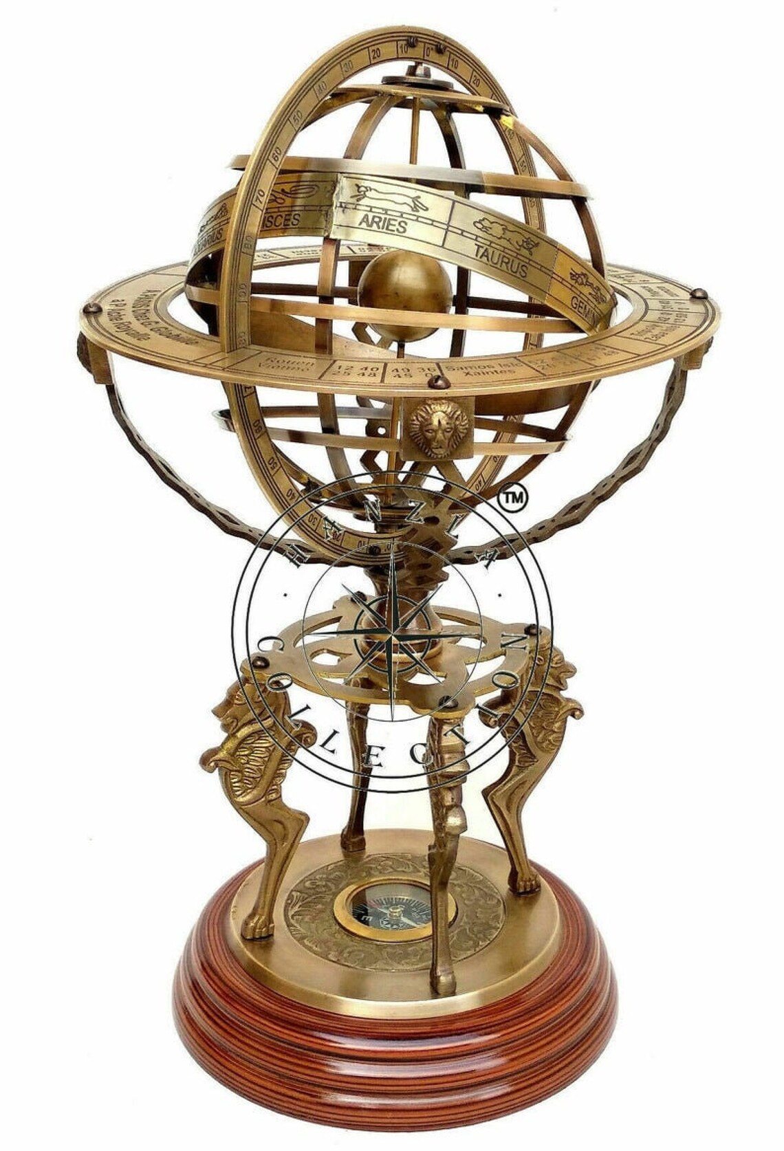 Antique Brass 18 Armillary Globe Sphere Engraved With Compass on Wooden ...