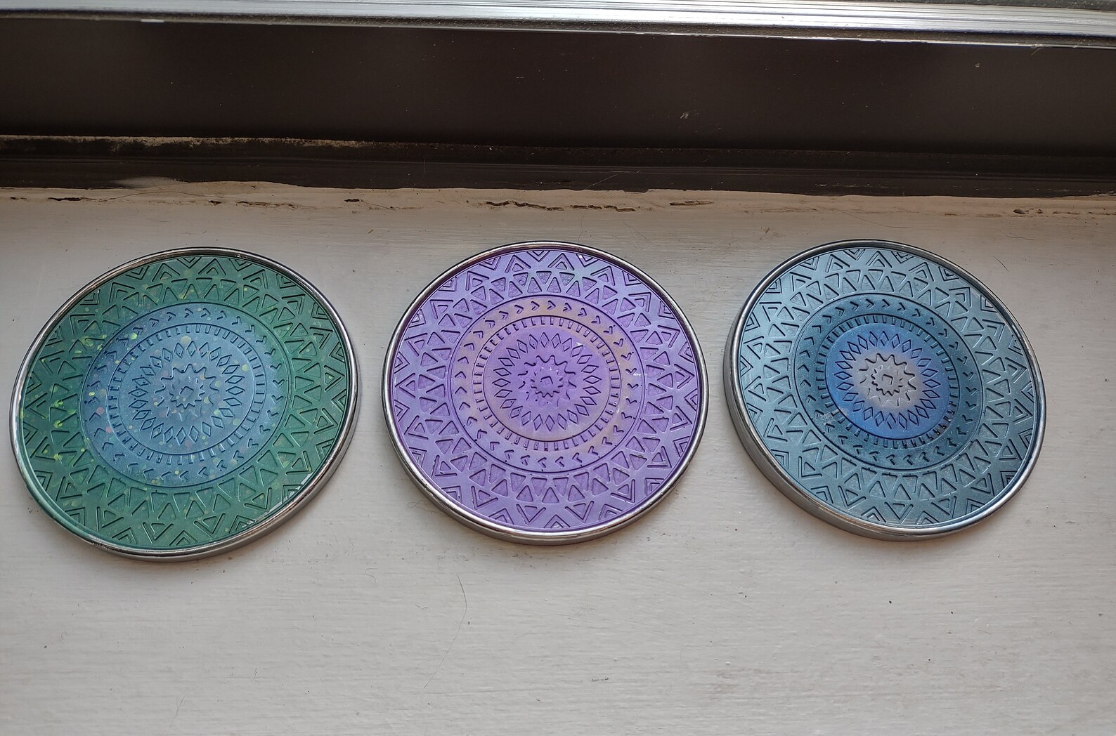 Set of 3 Resin Mandala Circle Coasters With Silver Chrome Accents ...