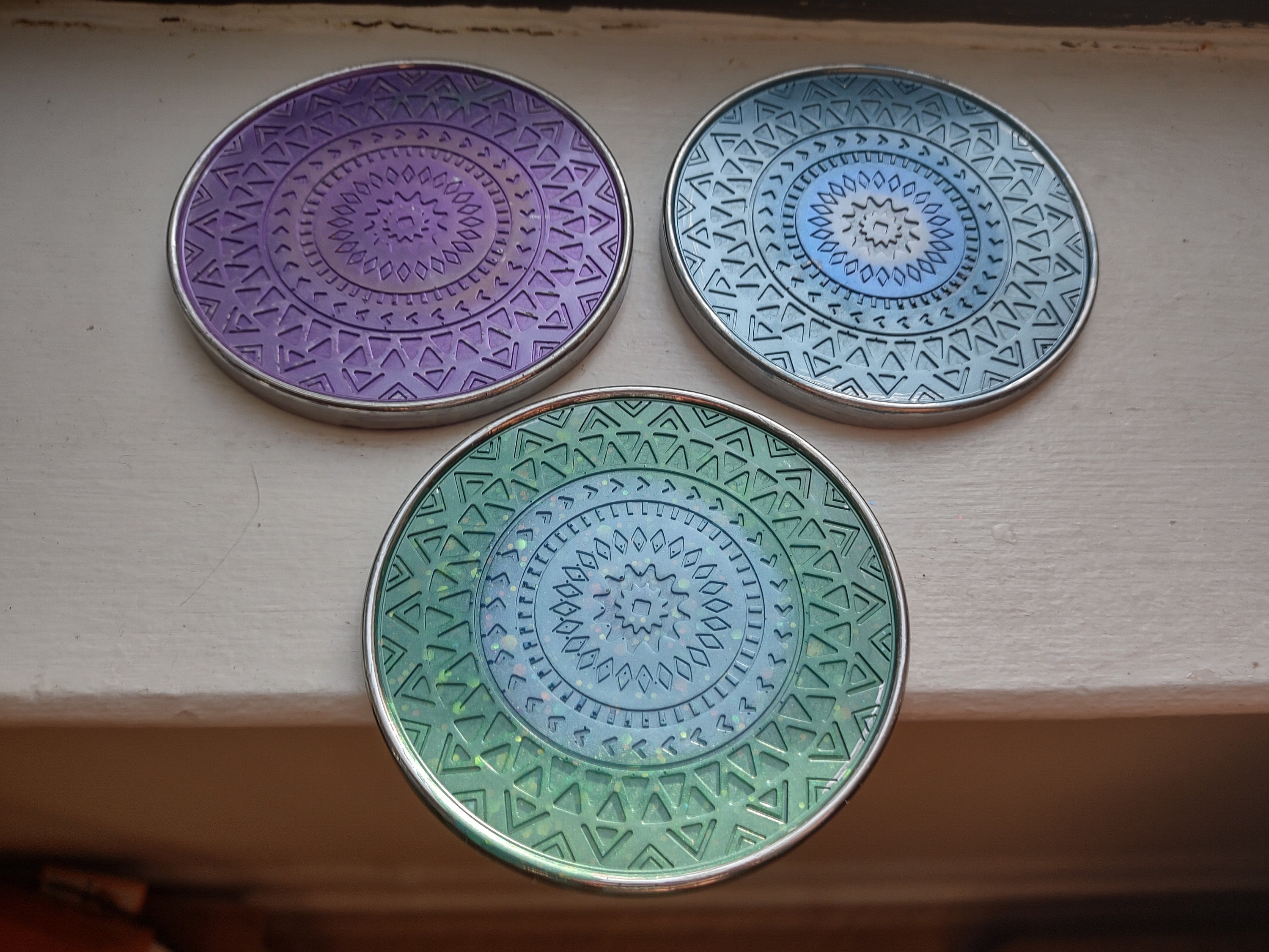 Set of 3 Resin Mandala Circle Coasters With Silver Chrome Accents ...