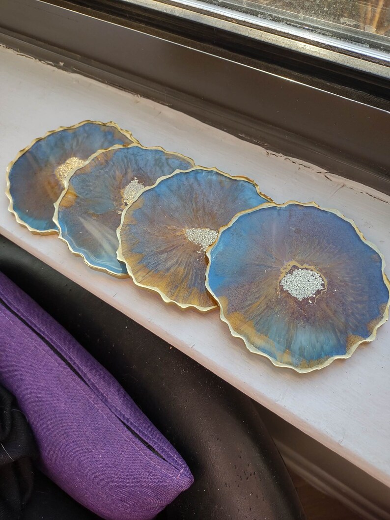 Set of 4 Gold and Blue Resin Geode Coasters With Gold Accents Unique ...