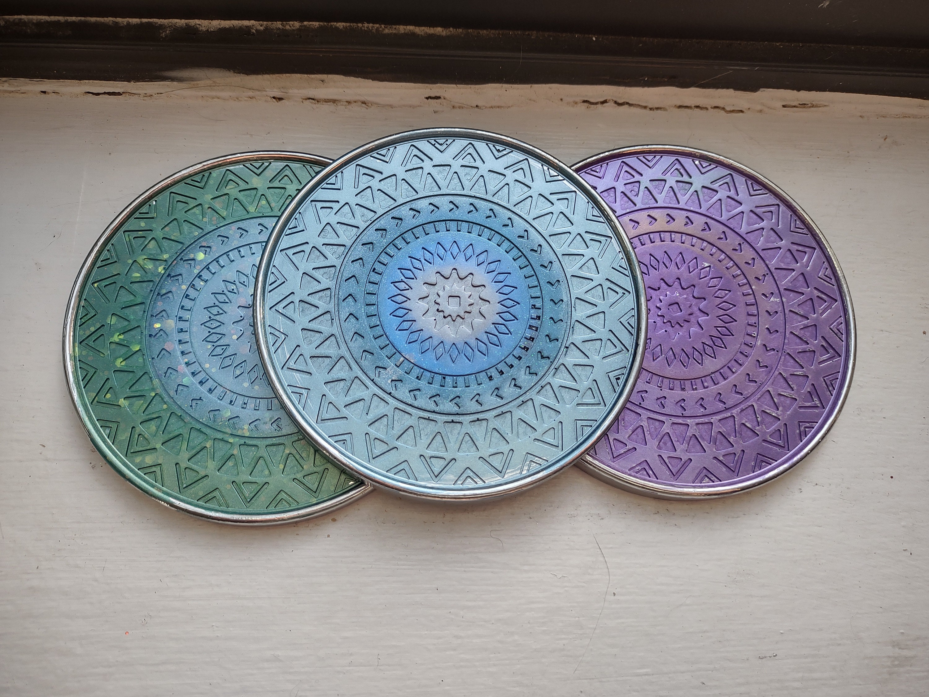 Set of 3 Resin Mandala Circle Coasters With Silver Chrome Accents ...