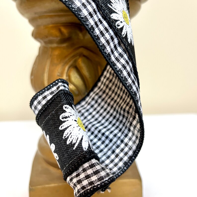 2.5 Black Ribbon With Daisies and Gingham Check, Wired Ribbon, Black ...