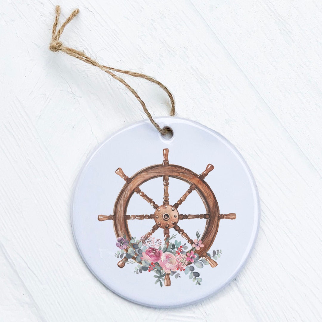 Watercolor Floral Ship Wheel - Ornament, Lake House Decor, Beach House ...