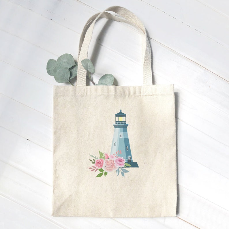 Floral Lighthouse - Canvas Tote Bag, Market Bag, Grocery Bag, Sturdy ...