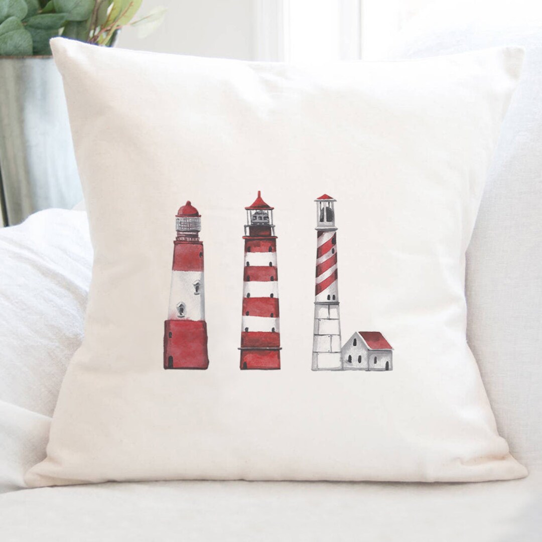 Red Lighthouses - Square Canvas Pillow, Beach House Decor, Lake House ...