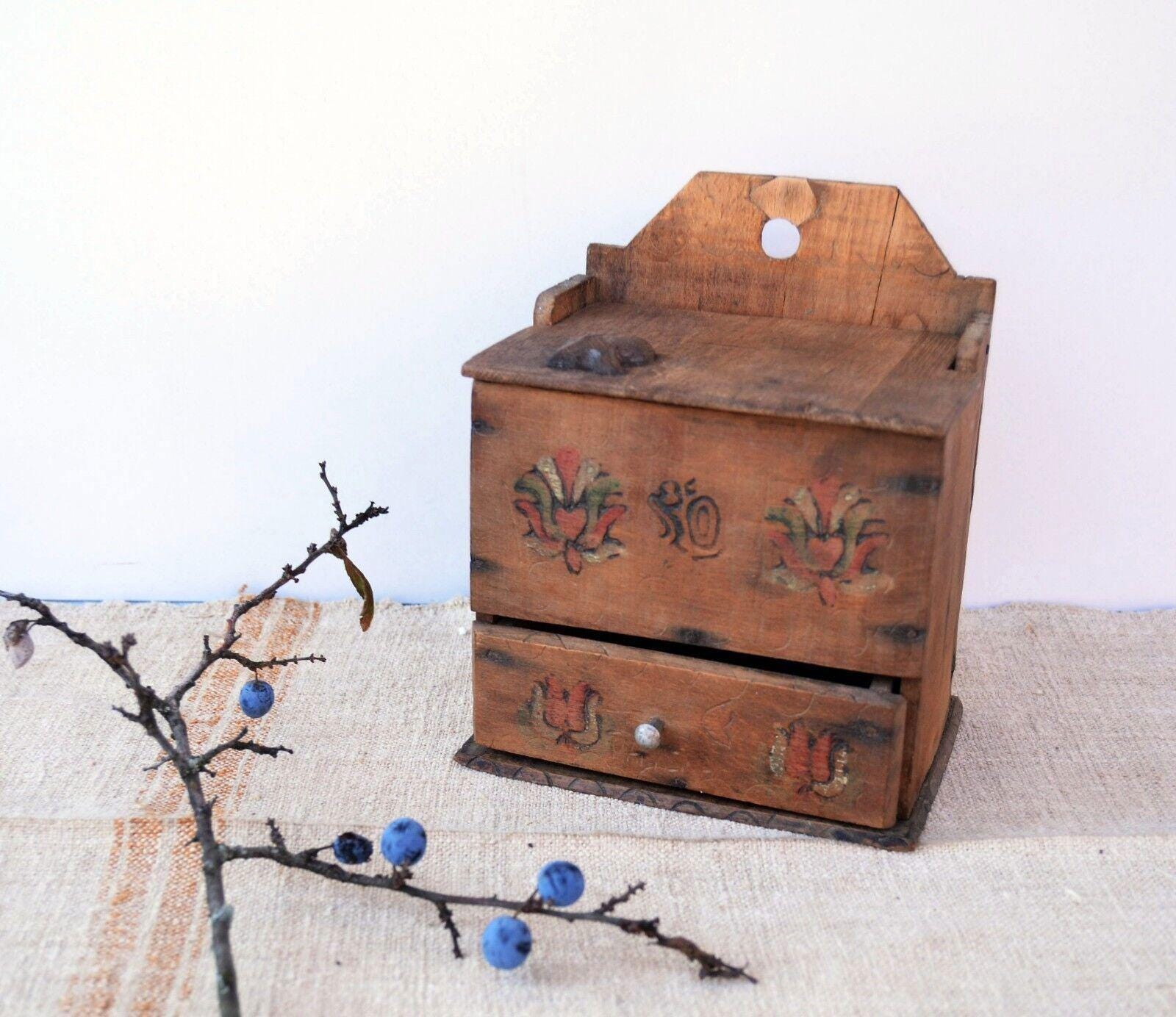 Hungarian Folk Art Wood Carved for Salt and Peper Spices Wall Cabinet ...