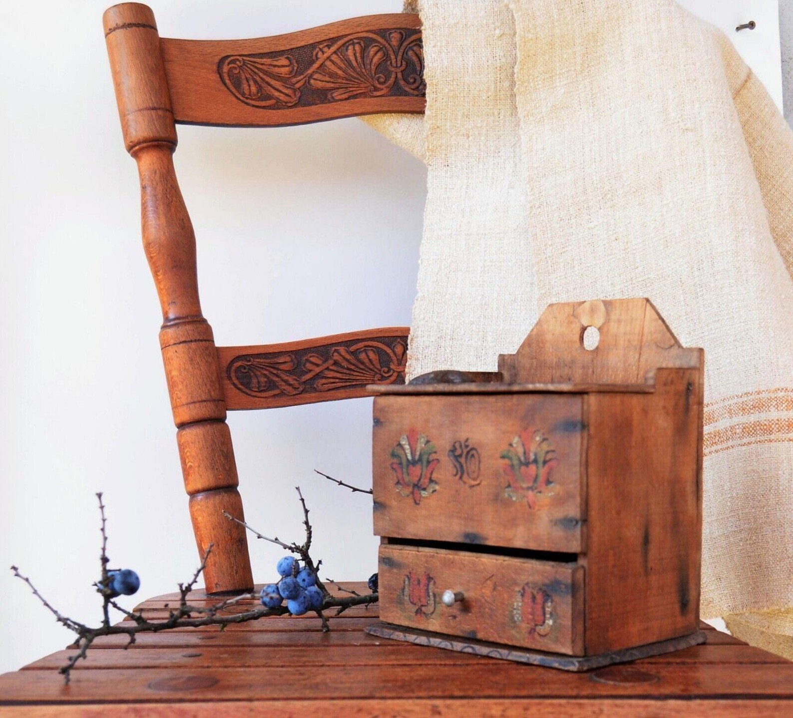 Hungarian Folk Art Wood Carved for Salt and Peper Spices Wall Cabinet ...