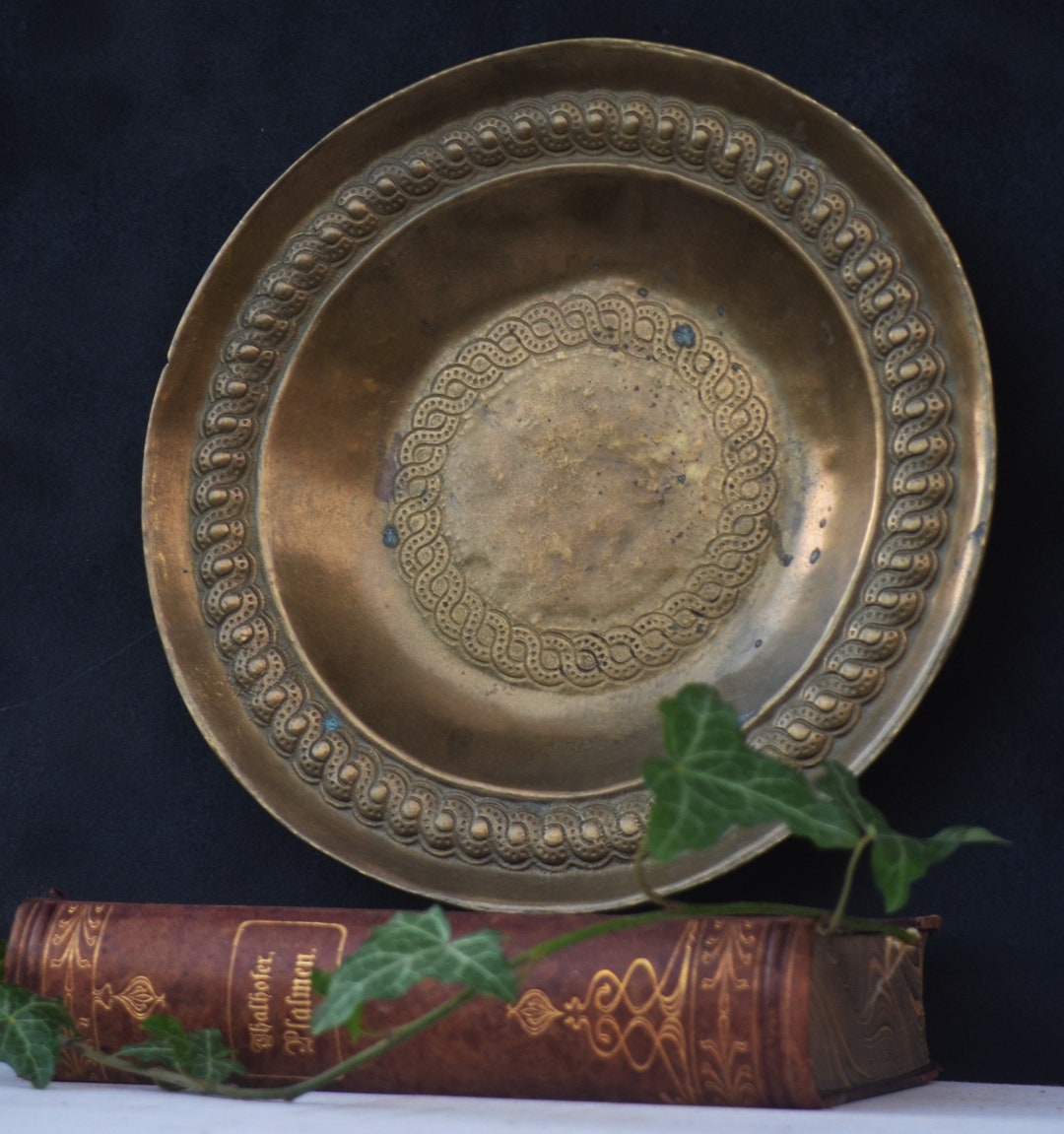 Mid Century Center Table Brass Bowl Signed Repousse With Raised Relief ...