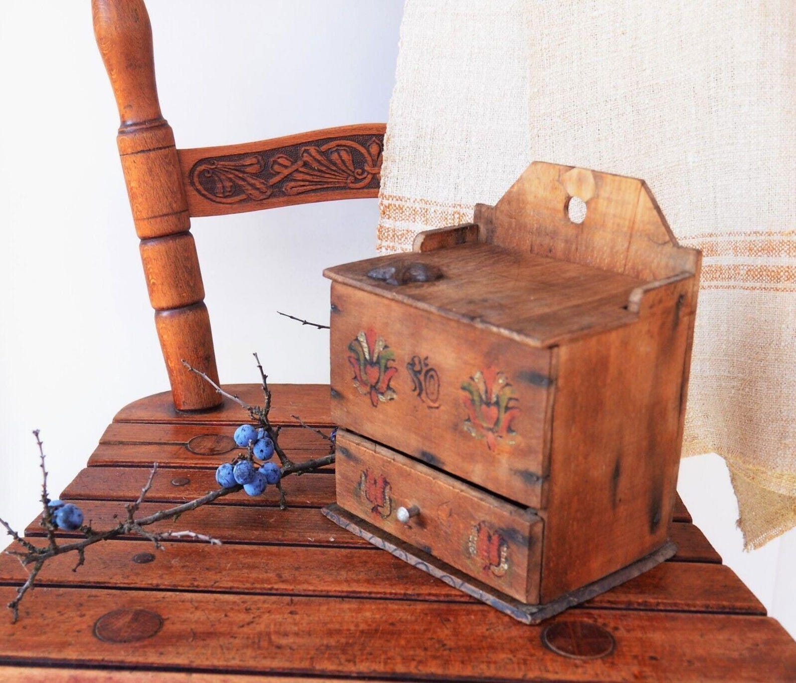 Hungarian Folk Art Wood Carved for Salt and Peper Spices Wall Cabinet ...