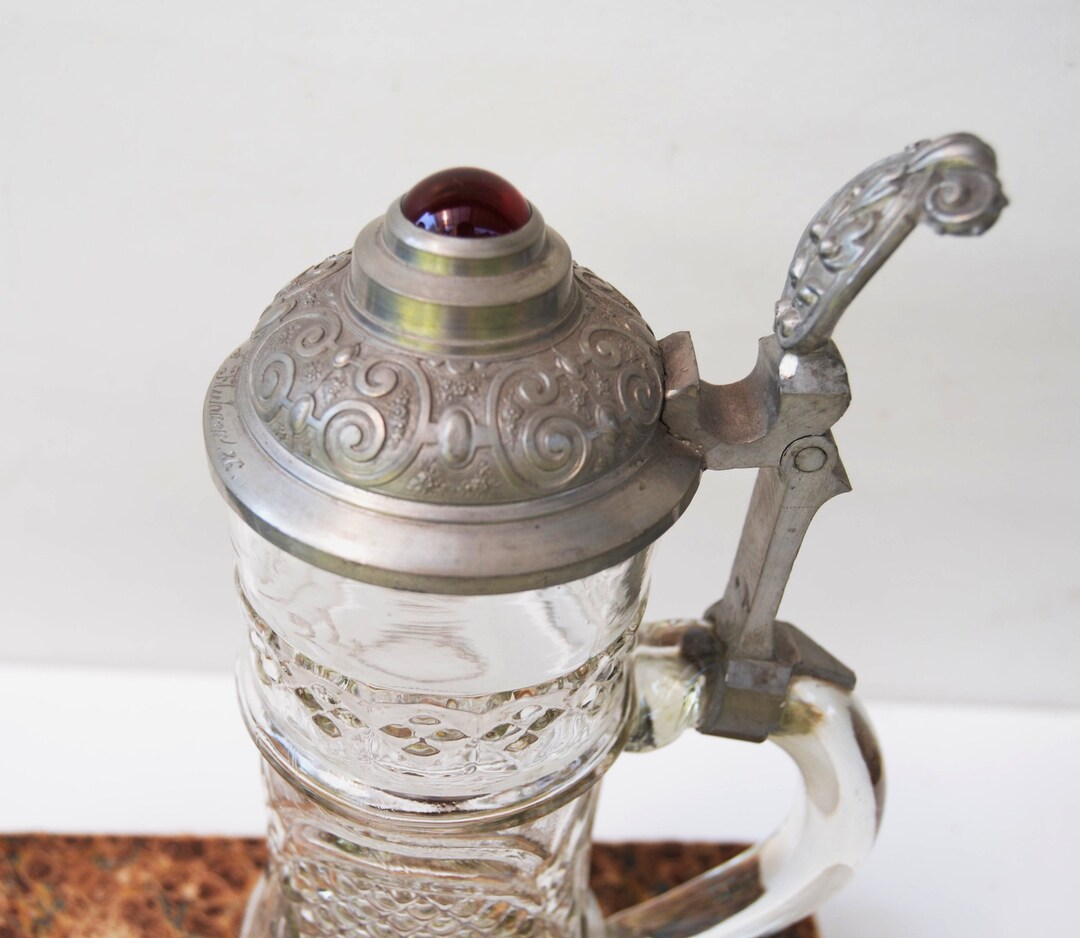 German Late 19th Century Pewter Red Ruby Glass Cover Lid Beer Stein 0,5 ...