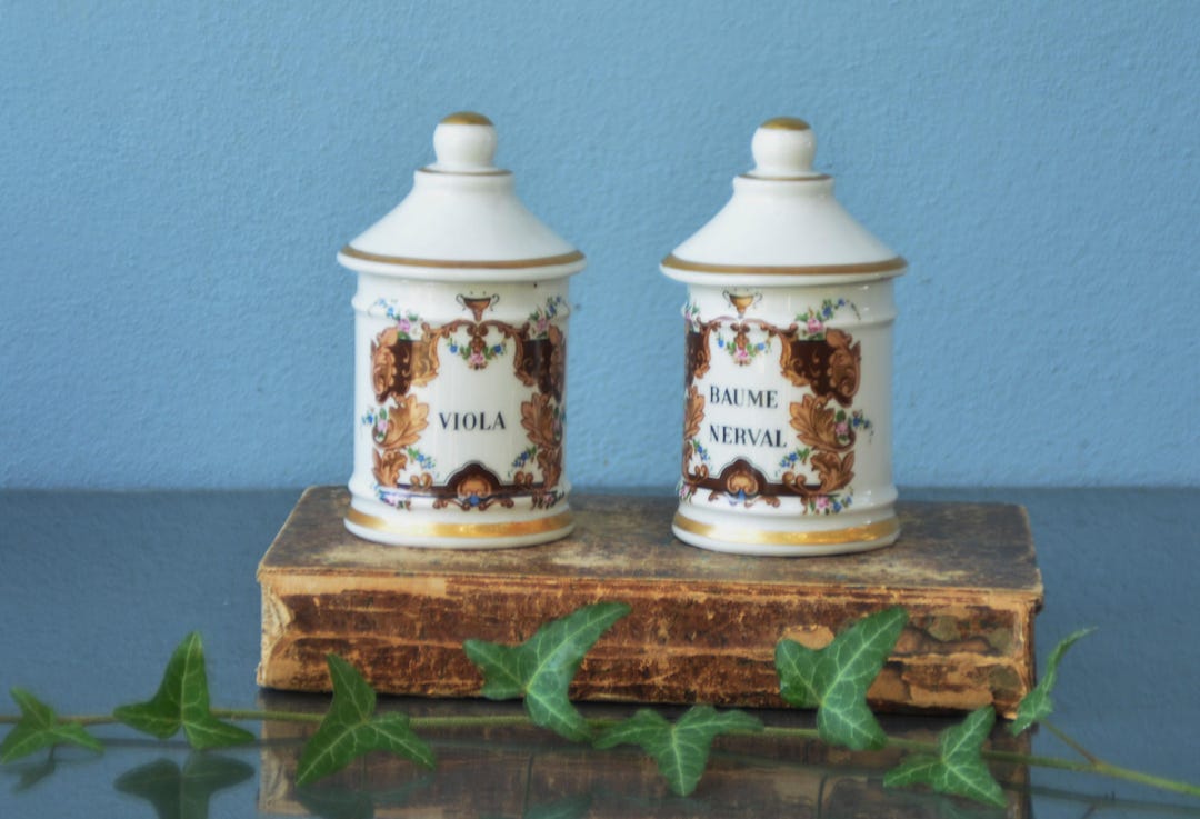 Lot of 2 19 Th Century Apothecary Porcelain Jars for Viola and Baume ...
