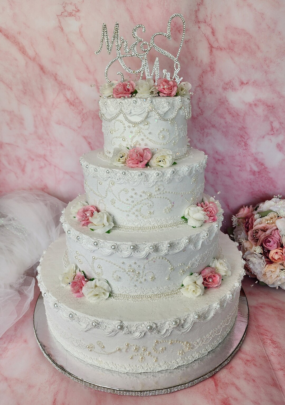White Wedding Cake Faux 4 Tier Plus Rhinestone Base and Rhinestone Mr ...