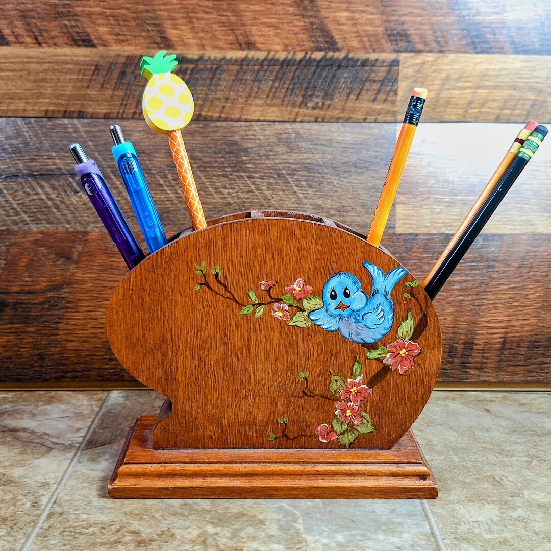 Vintage Handpainted Wood Pencil Holder: Bluebird & Squirrel Design - Etsy
