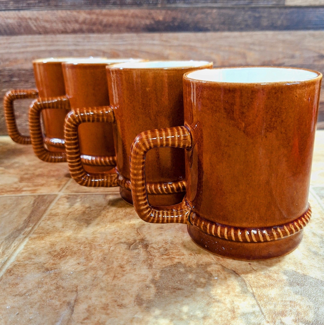 Vintage Stoneware Mugs Set: Handmade 1970s Brown Ceramic With Lariat ...