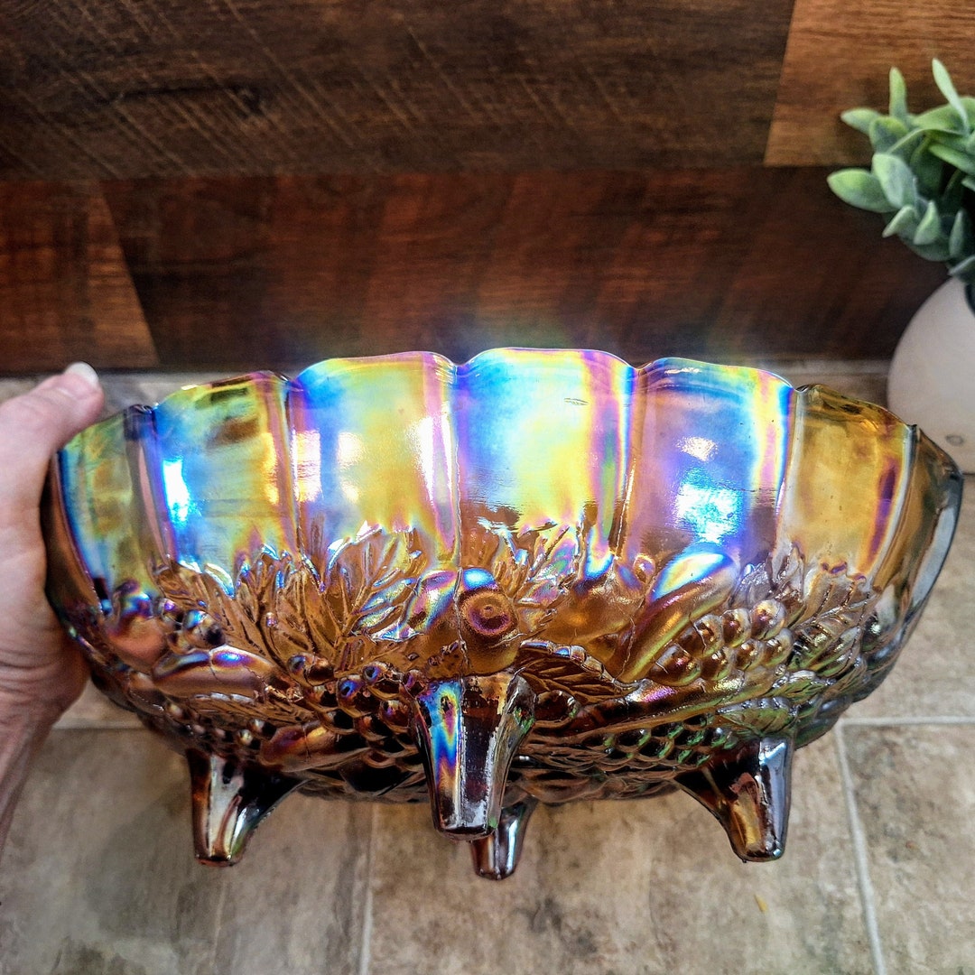 Vintage 1970s Gold Carnival Glass Center Bowl | Large Amber Oval Fruit ...
