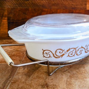 Vintage Pyrex Empire Scroll Casserole: 1970s White & Gold Baking Dish ...