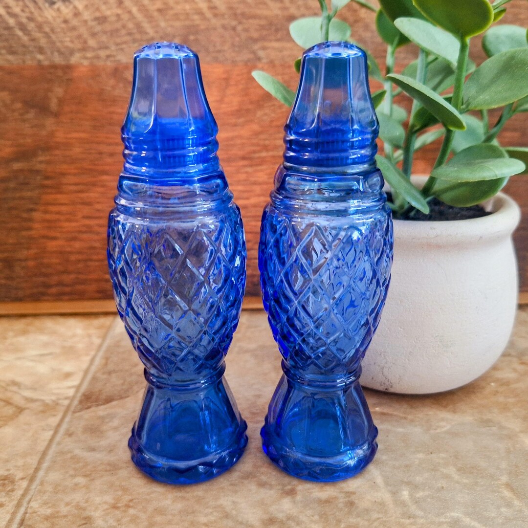Vintage Blue Glass Salt and Pepper Shaker Set 1980s Avon Cobalt Blue ...