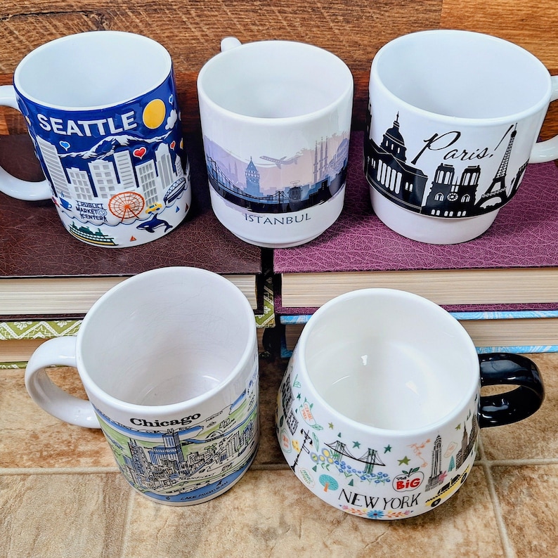 Vintage Cityscape Mugs: New York, Seattle, Chicago, Istanbul, Paris - Etsy
