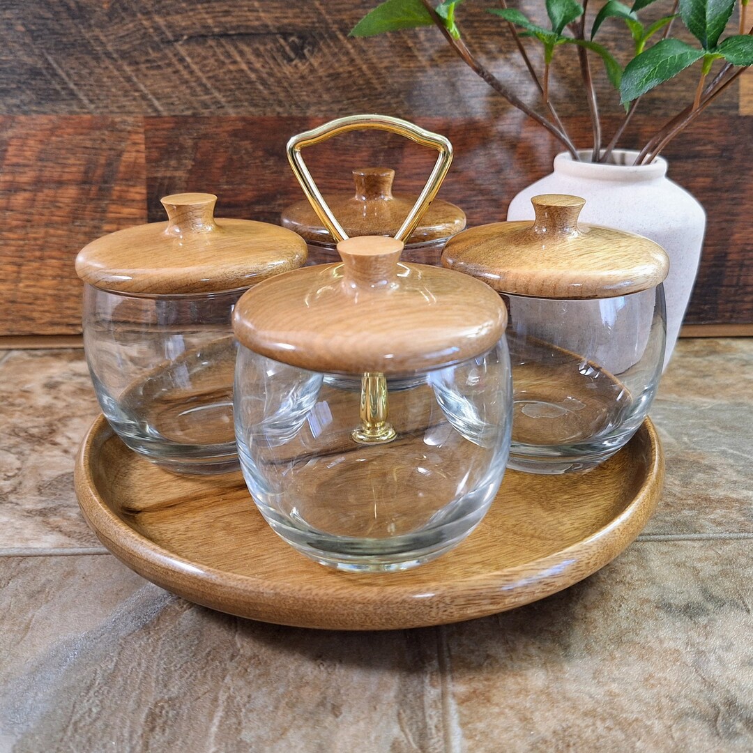 Mid Century Modern Condiment Jars 4 Candy Jars on Serving Tray Vintage ...