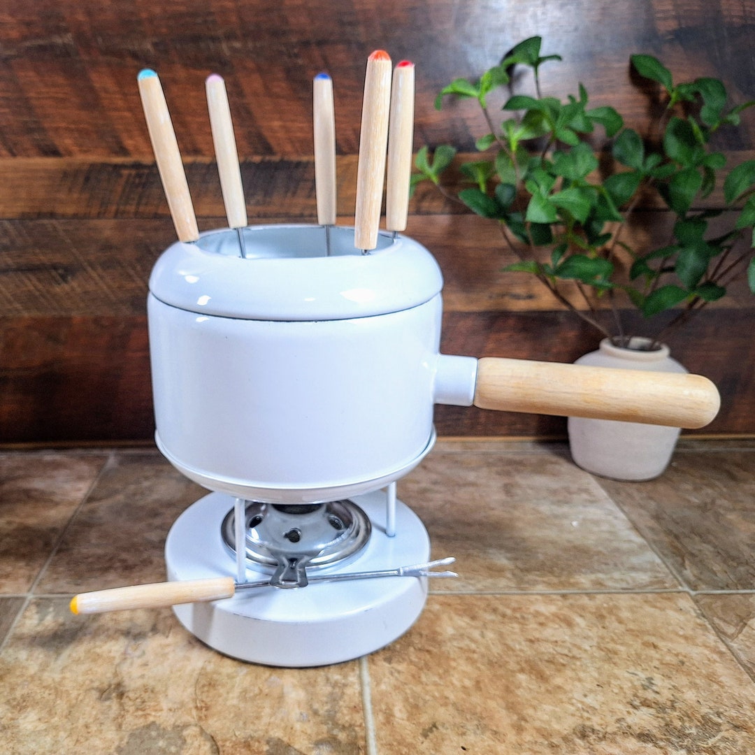Vintage White Fondue Set MCM 1970s Fondue Pot Stand, Heat Cup and Forks ...
