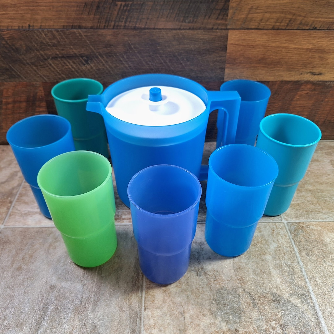 Set of 7 Vintage Tupperware Table Top Tumblers and Pitcher Blues and ...