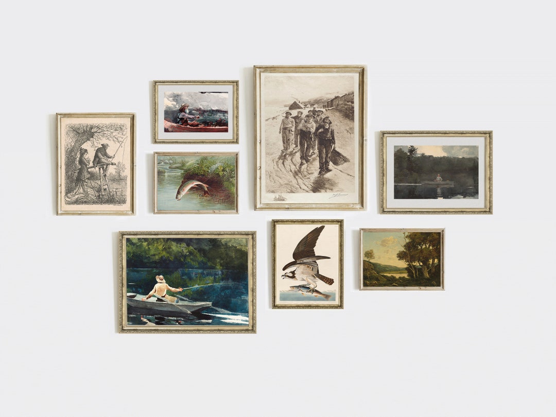 Art for Print Fishing Gallery Wall Set of 8 | Rustic Wall Decor Living ...