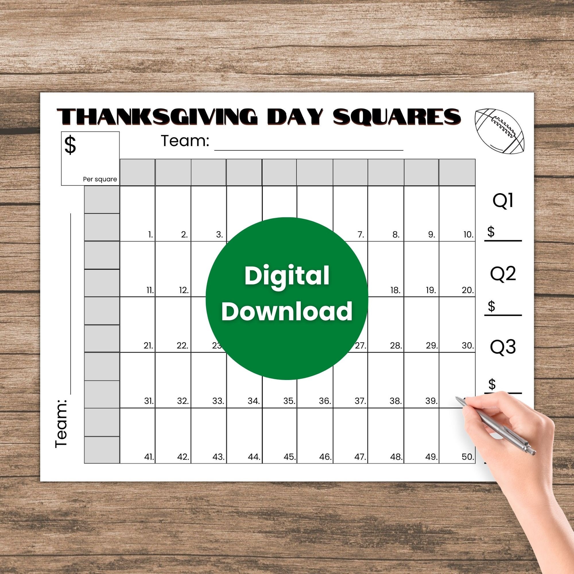 Editable Thanksgiving Day 50 Squares Game, Football Squares Game ...