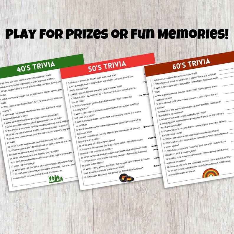 Decades Trivia Game Trivia Questions Pub Trivia Adult - Etsy