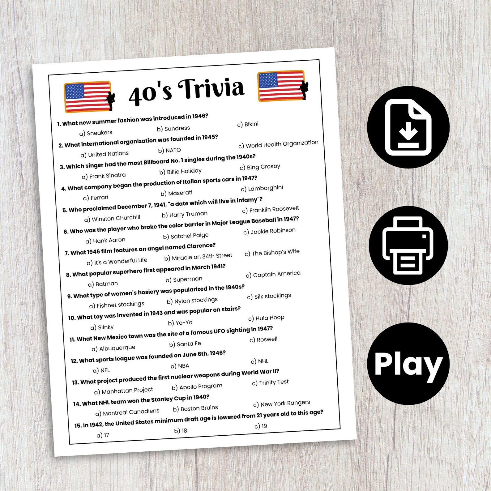 40s Trivia Game, 40s Theme Party Game, Decades Trivia, 1940s Trivia ...