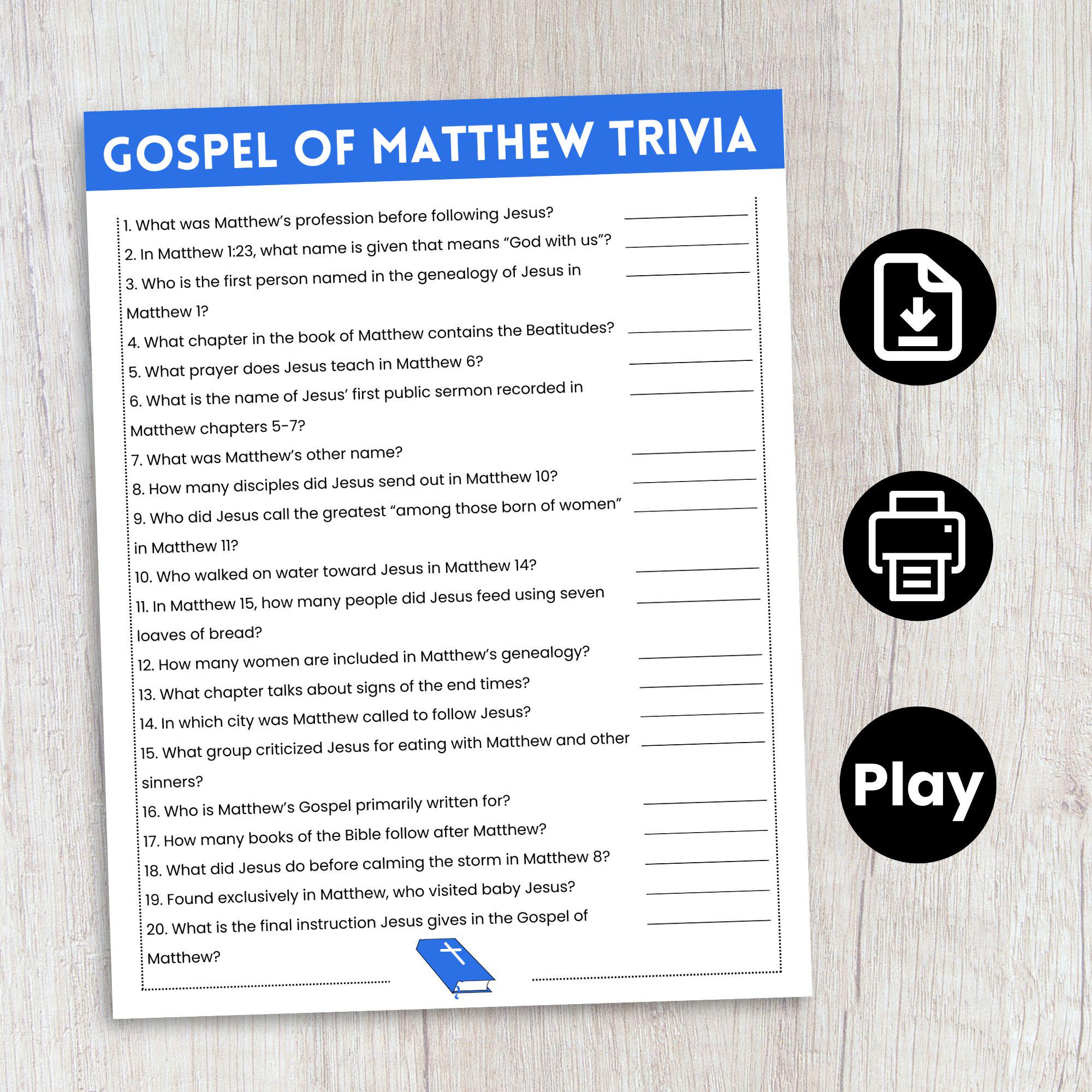 Gospel of Matthew Bible Trivia Game, Church Games, Womens Ministry ...