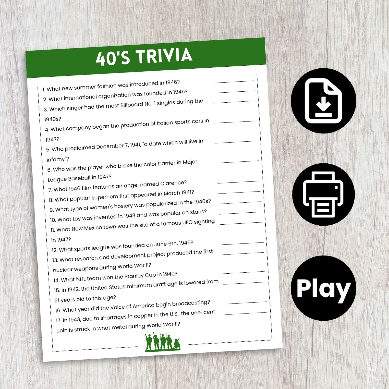 40s Trivia Game, 40s Theme Party Game, Decades Trivia, Patriotic Games ...